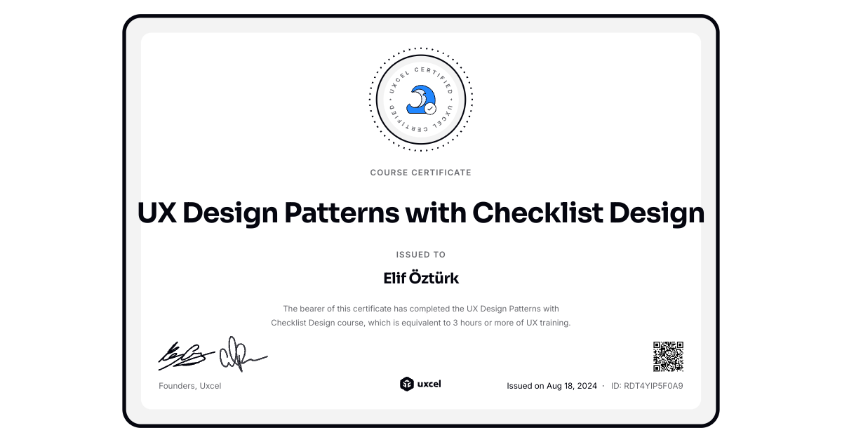 Certificate of completion for UX Design Patterns with Checklist Design | Uxcel